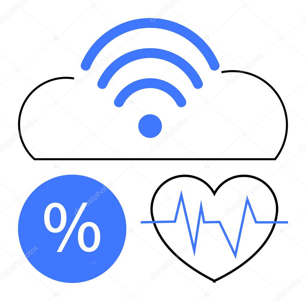 Nube con señal inalámbrica, símbolo porcentual y corazón con línea ECG ...