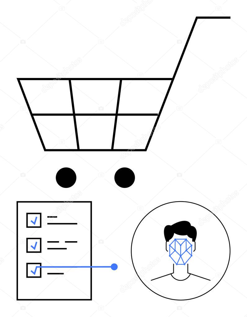 Carrito de compras, lista de verificación con elementos marcados y ...