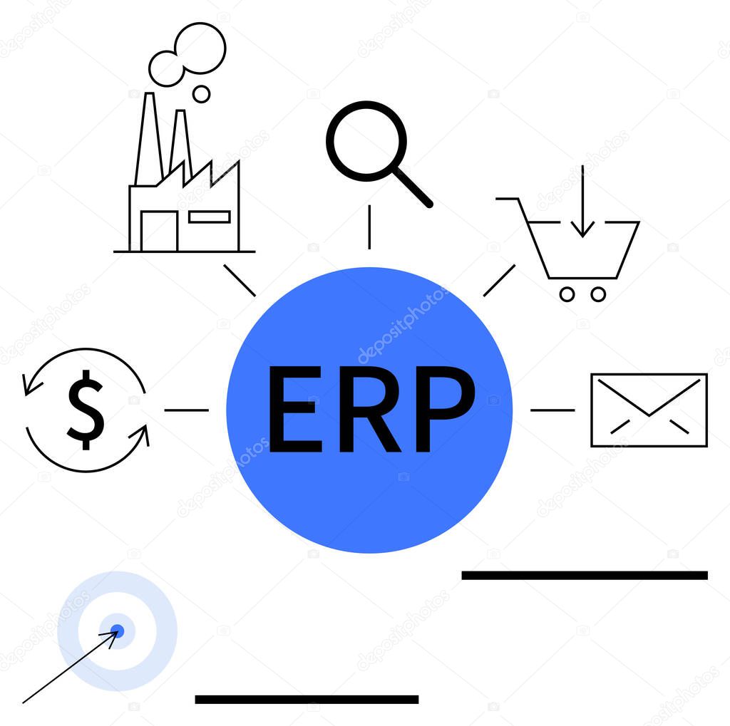 Hub ERP azul con iconos de fábrica, lupa, carrito, dólar, correo ...