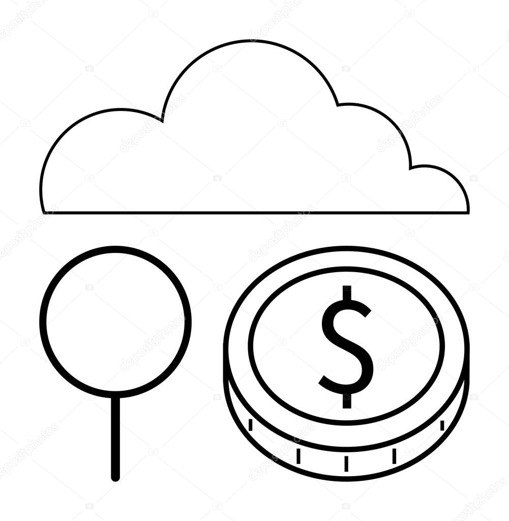 La nube, el pin de ubicación y la moneda con signo de dólar reflejan los servicios digitales, la ...