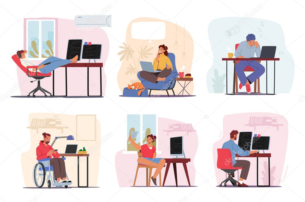 Establecer lugar de trabajo remoto, concepto de tarea. Hombres y mujeres Autónomos Personajes ...