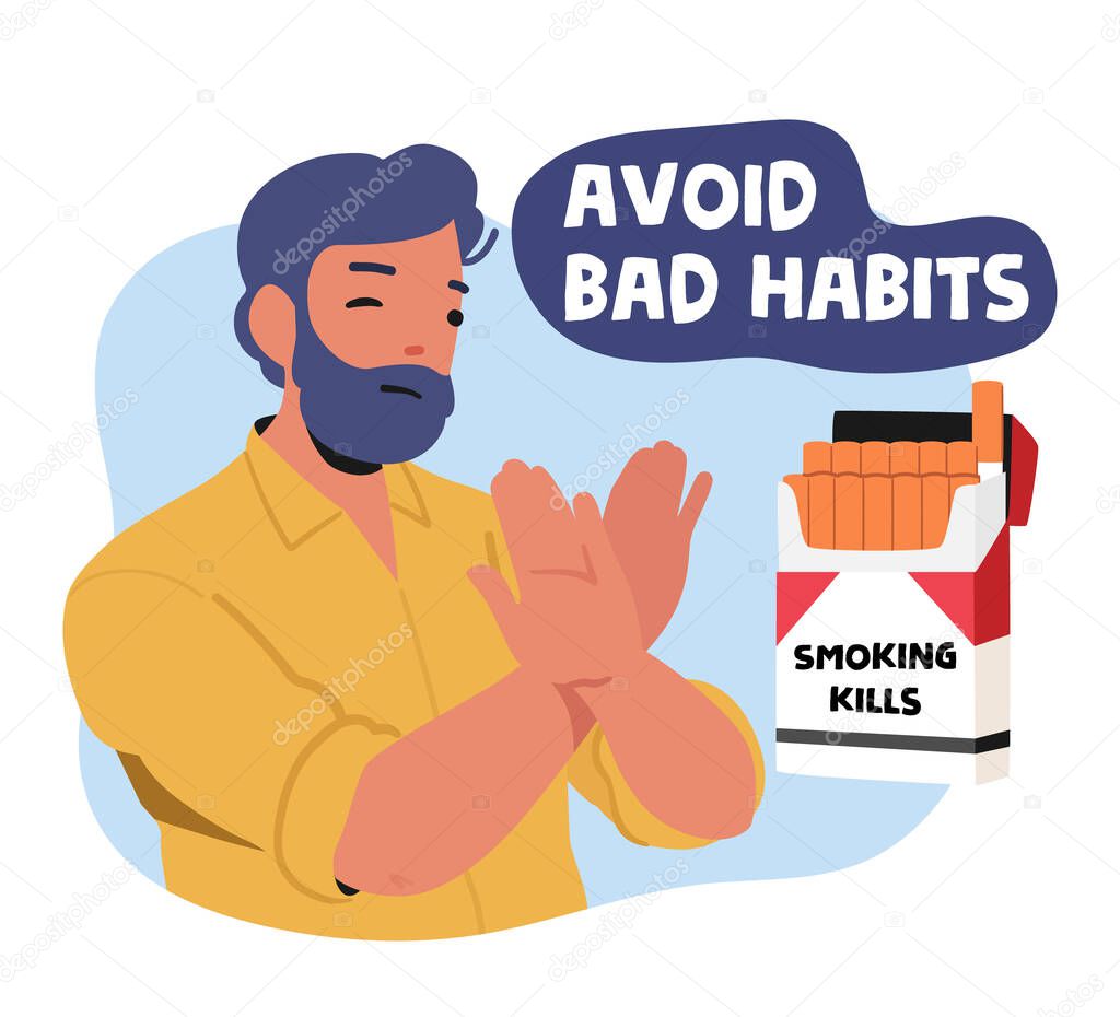 Avoid Bad Habits Banner with Man Shop Stop Gesture for Cigarette Box ...