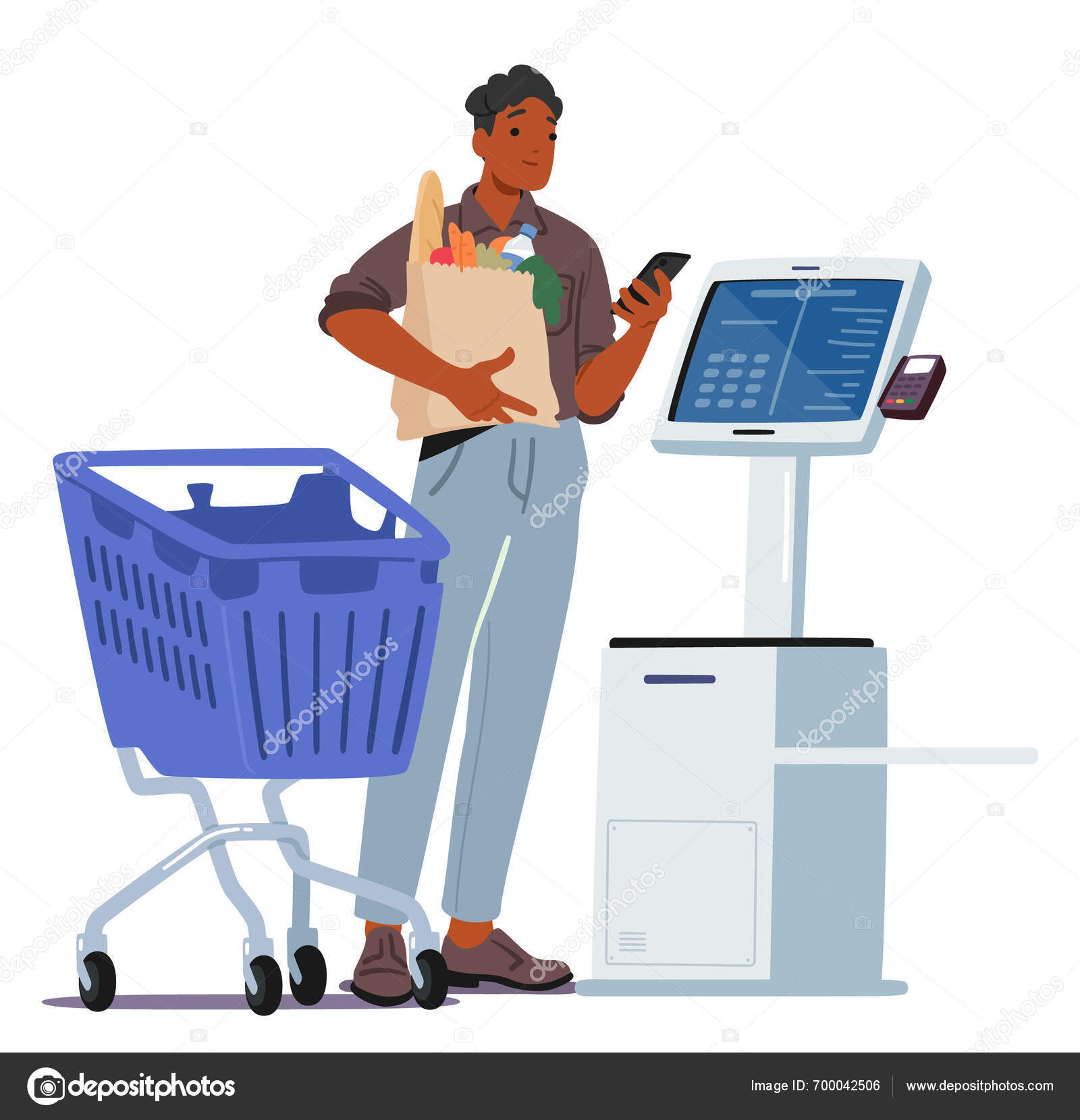 Man Character Shops Groceries Selects Items Scans Self Service Terminal ...
