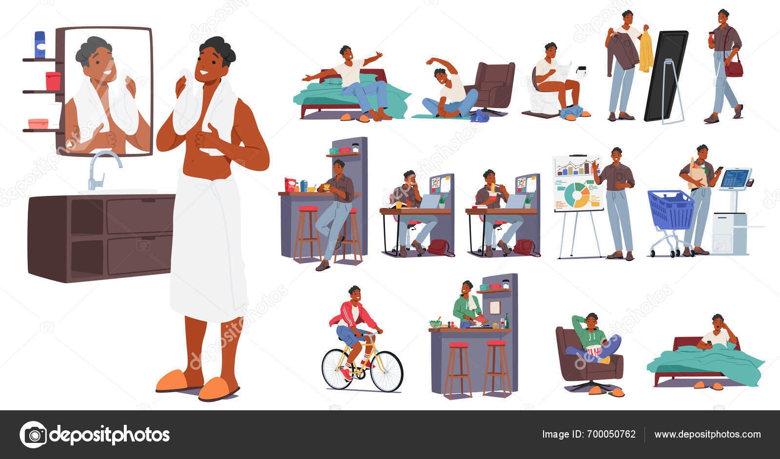 Carácter Masculino Rutina Diaria Levántate Haz Ejercicio Desayuna Por ...