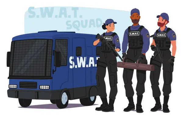 Equipo Swat de pie junto a su vehículo blindado, listo para la acción ...