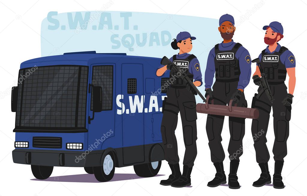 Equipo Swat de pie junto a su vehículo blindado, listo para la acción ...