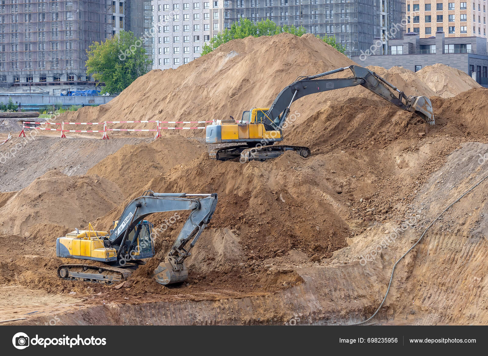Pair Crawler Excavators Digging Pit Sandy Soil Multi Storey Housing ...