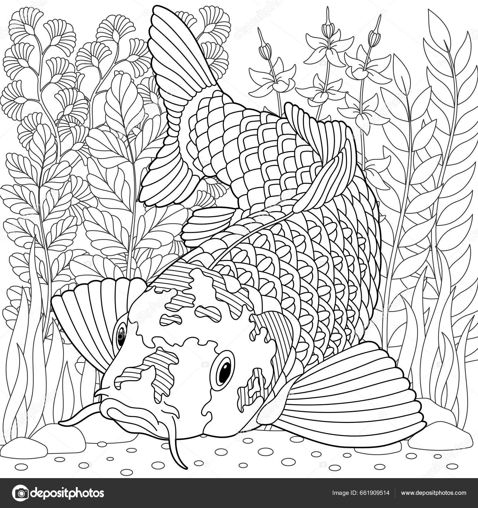 Underwater Scene Koi Fish Adult Coloring Book Page Intricate Mandala ...