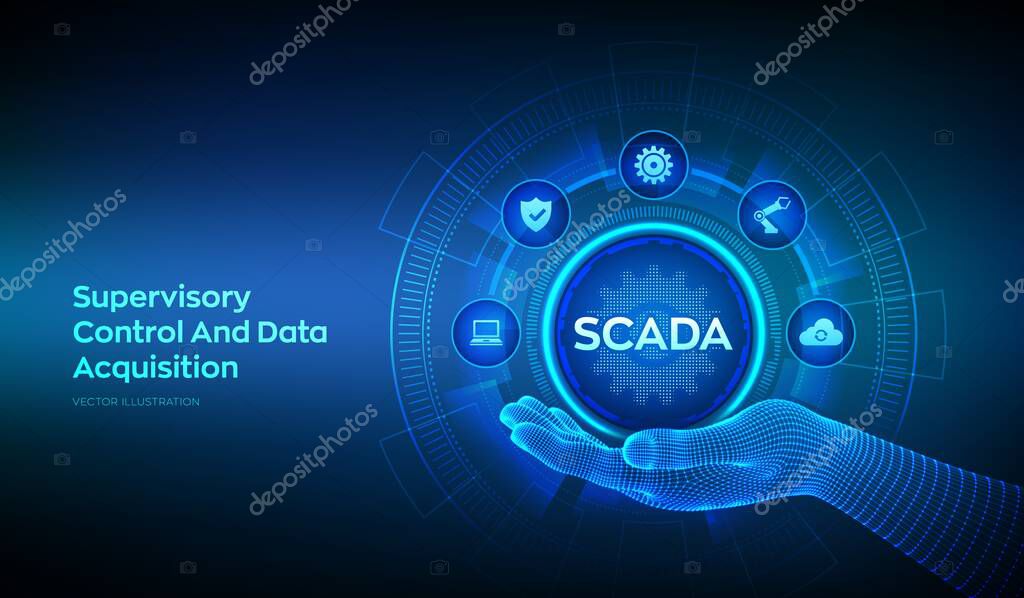 Icono del sistema SCADA en la mano del wireframe. Concepto de ...