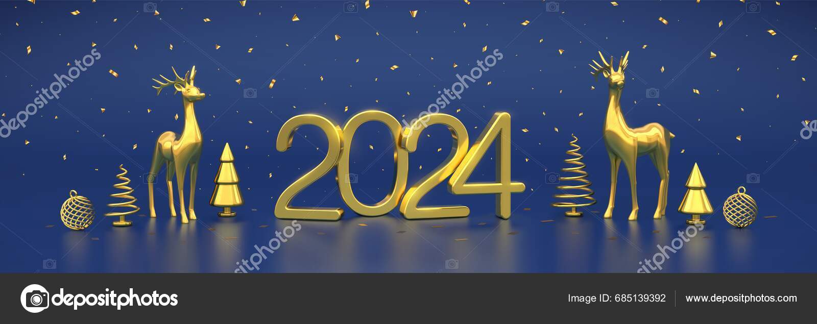 Šťastný Nový Rok2024 Zlatá Kovová Čísla 2024 Zlatými Jeleny Dárkovými ...