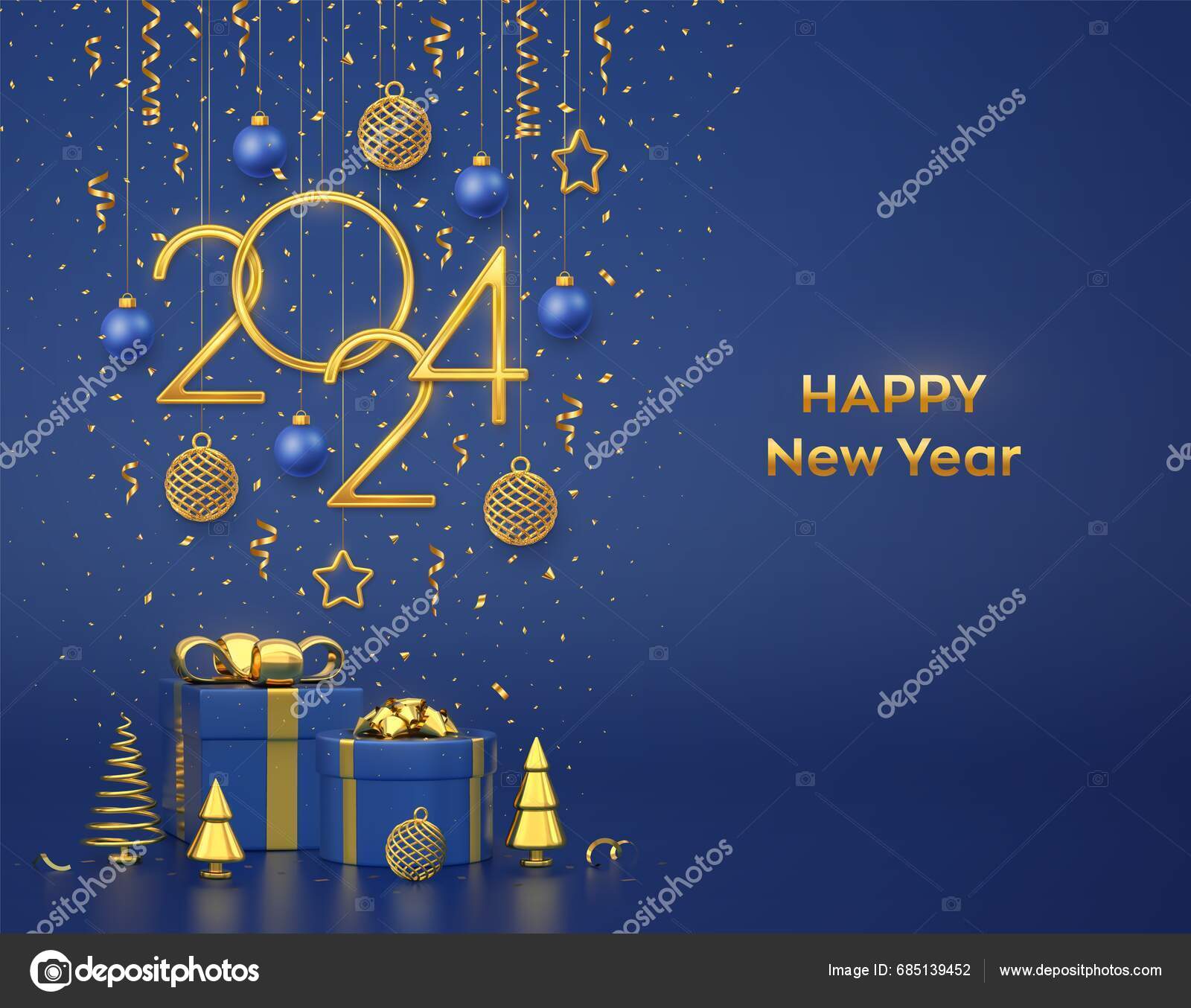 Šťastný Nový Rok2024 Visí Zlatá Kovová Čísla 2024 Hvězdami Míčky Stock ...