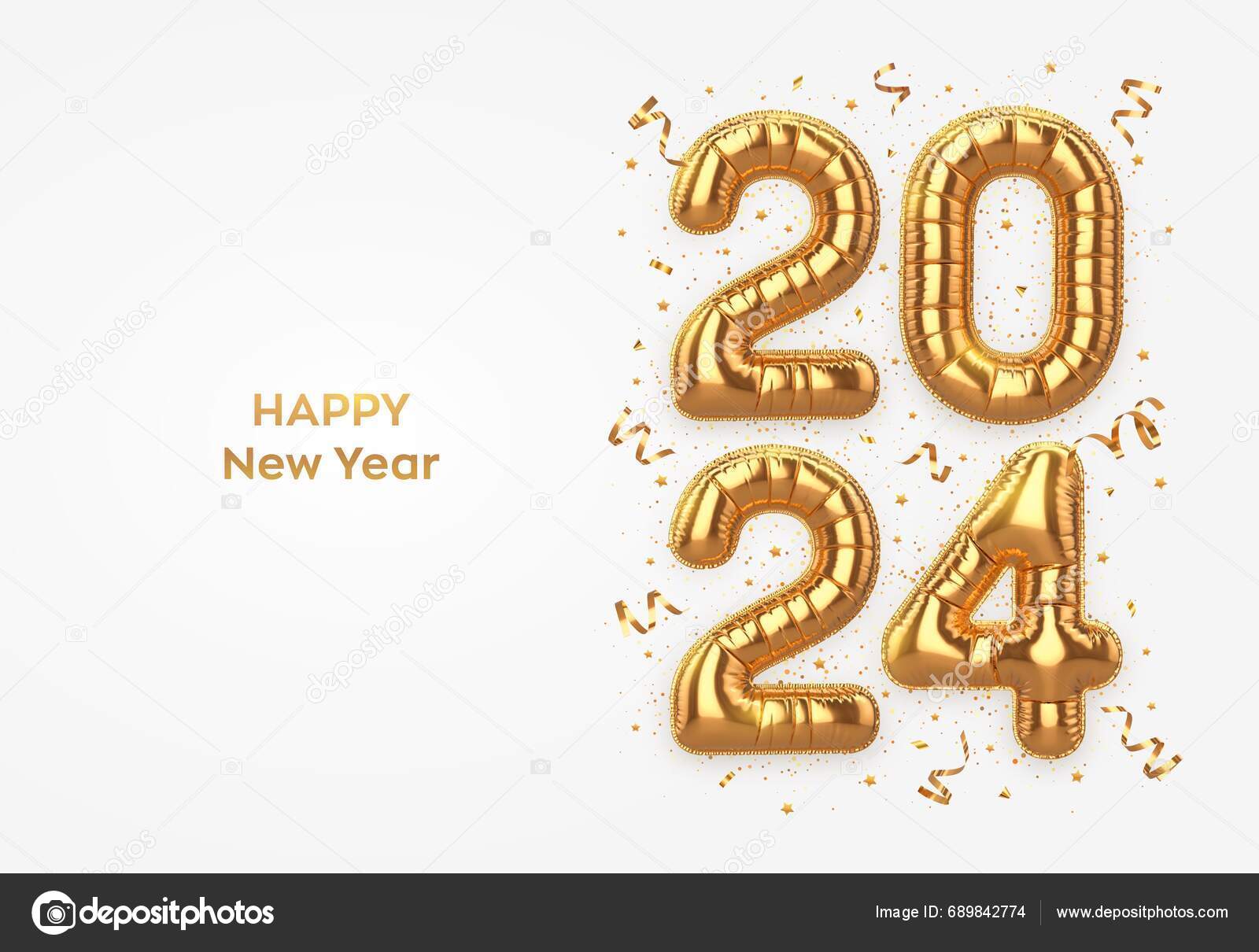 Šťastný Nový Rok2024 Zlatá Fólie Balón Čísla Bílém Pozadí Velmi Stock ...
