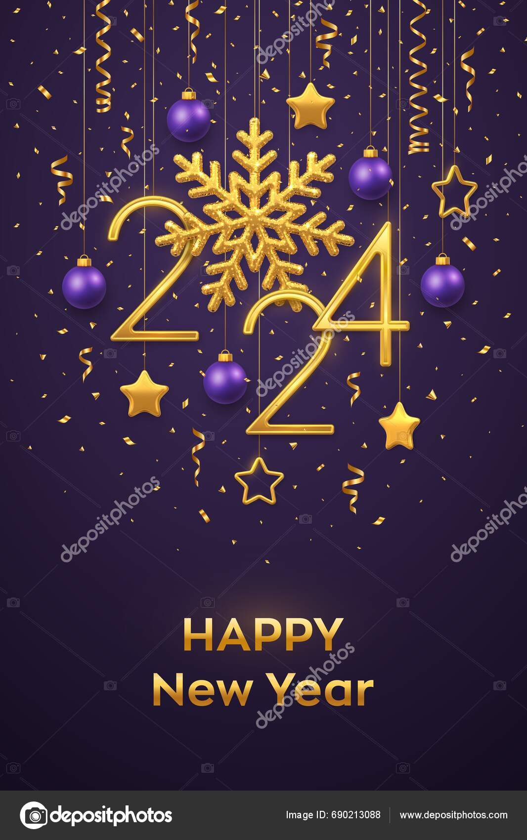 Šťastný Nový Rok2024 Visící Zlatá Kovová Čísla 2024 Zářící Sněhovou ...