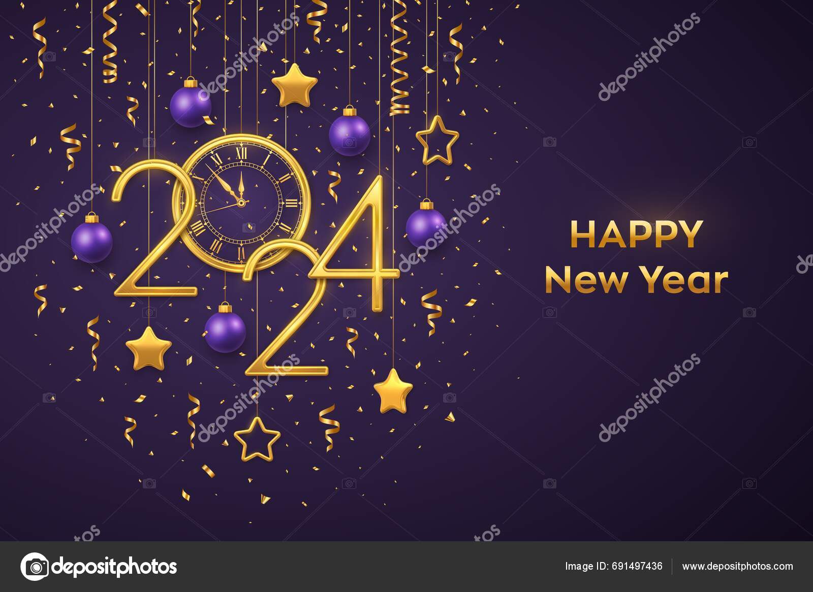 Šťastný Nový Rok2024 Zlatá Metalická Čísla 2024 Hodinky Římskou Číslicí ...