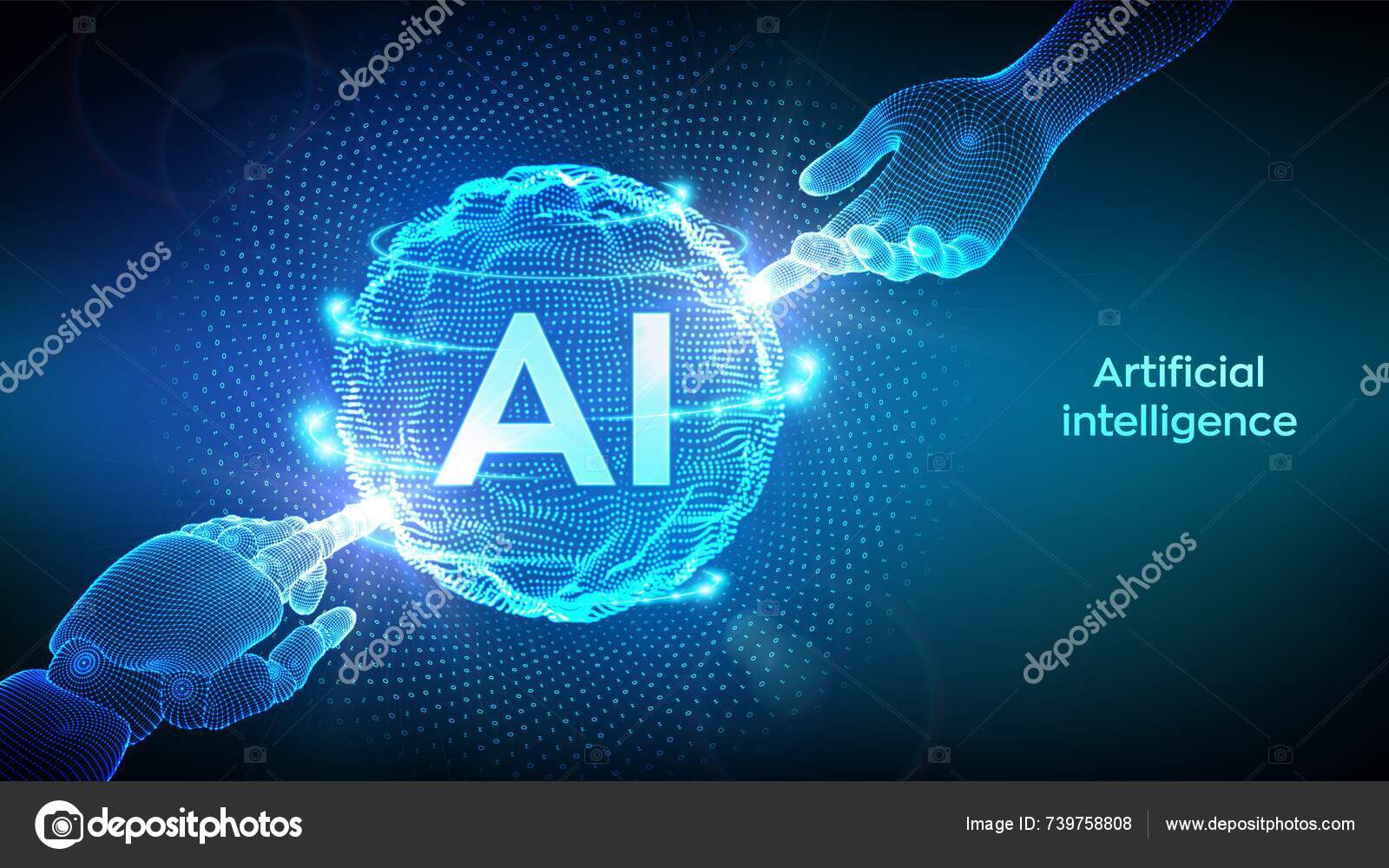 Artificial Intelligence Hands Robot Human Touching Sphere Grid Wave Binary Stock Vector by ...