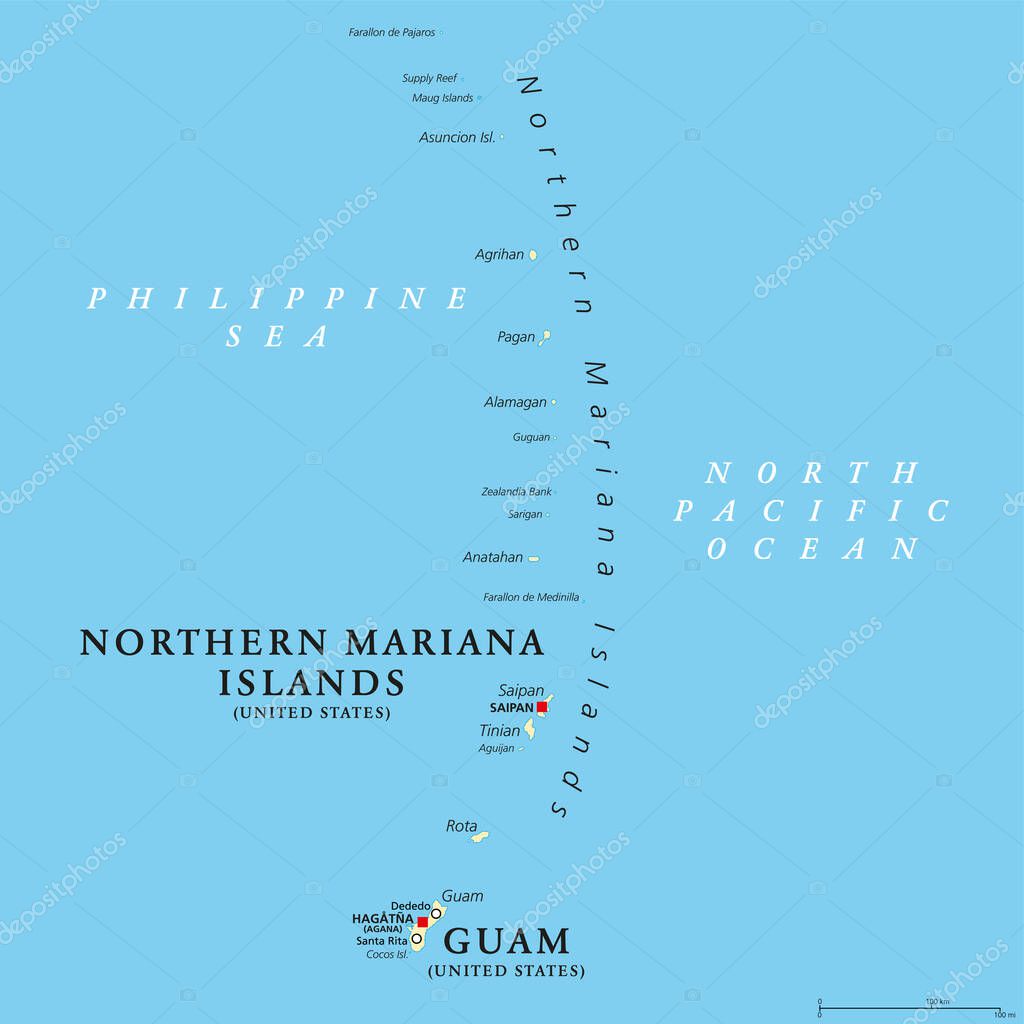 Guam y las Islas Marianas del Norte, mapa político. Dos territorios no ...