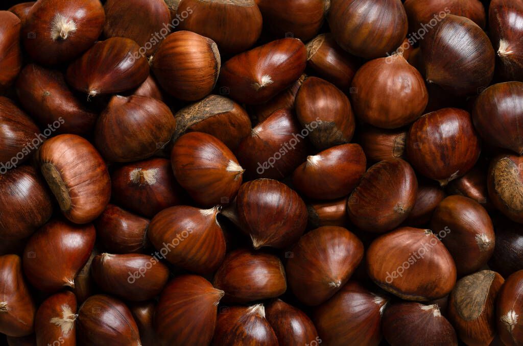 Castañas, fondo de arriba. Nueces comestibles de castaño dulce ...