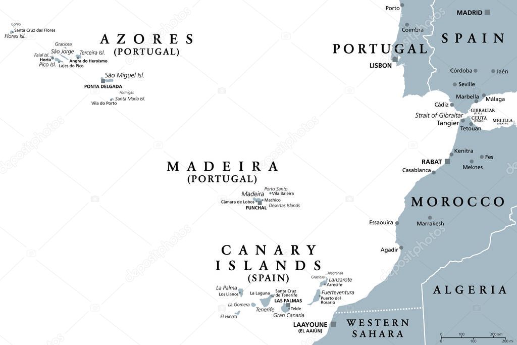 Azores, Madeira, and Canary Islands, gray political map. Autonomous ...
