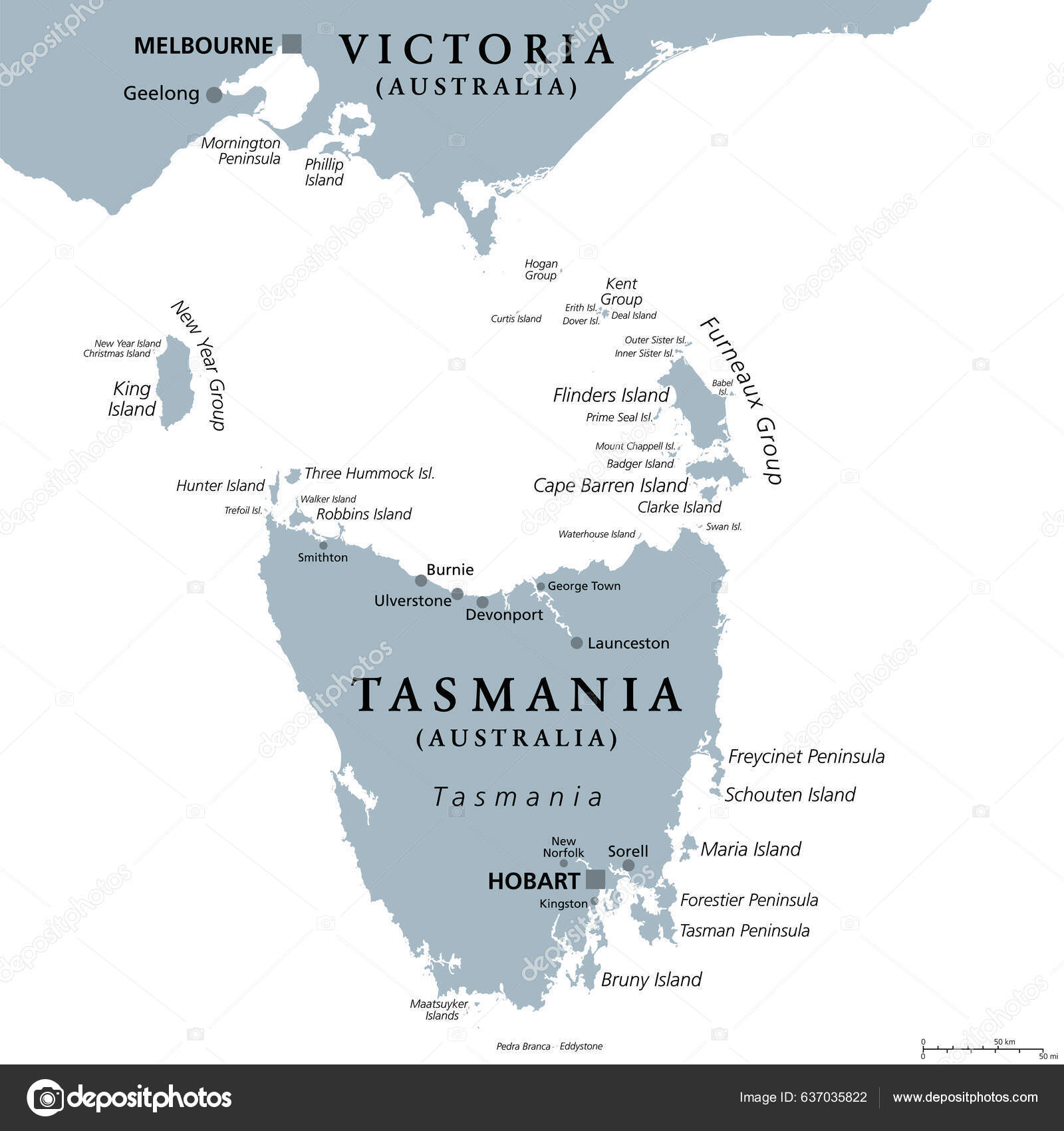 Tasmania Surrounding Area Gray Political Map Australian Island State ...