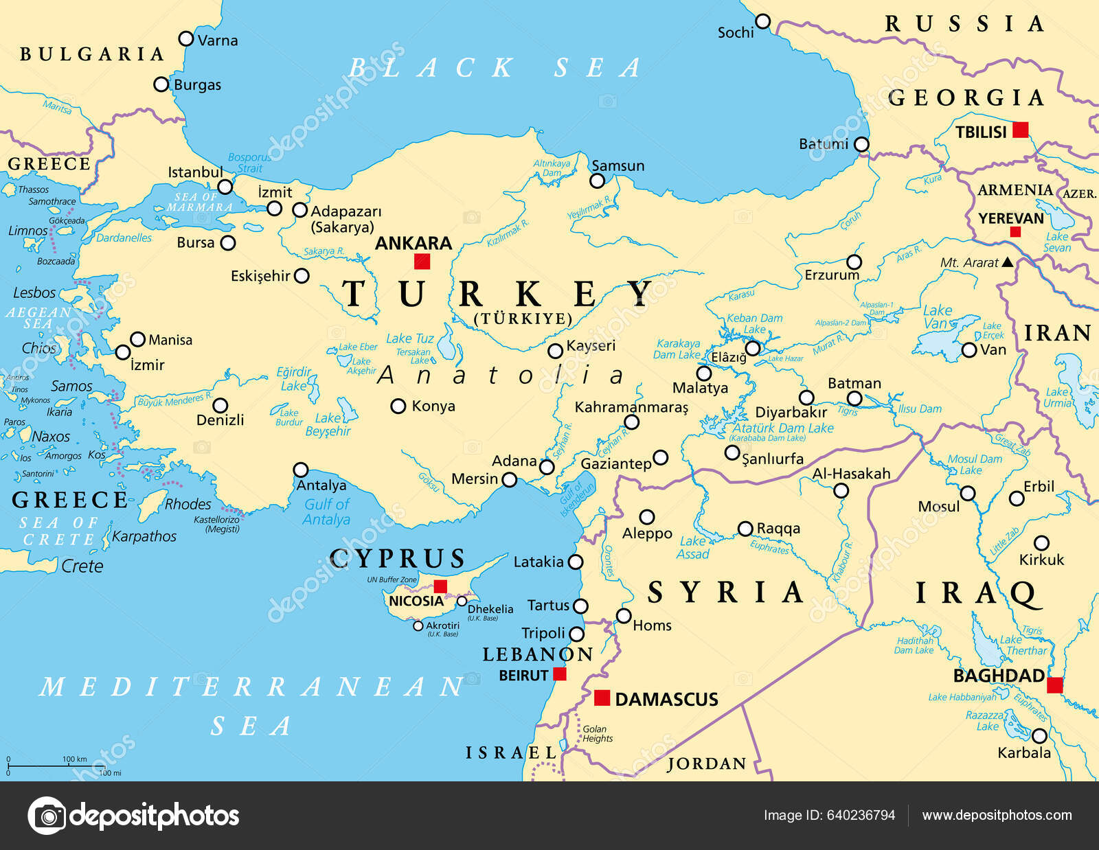 Turquía Siria Mapa Político Zona Geográfica Península Anatolia Con ...