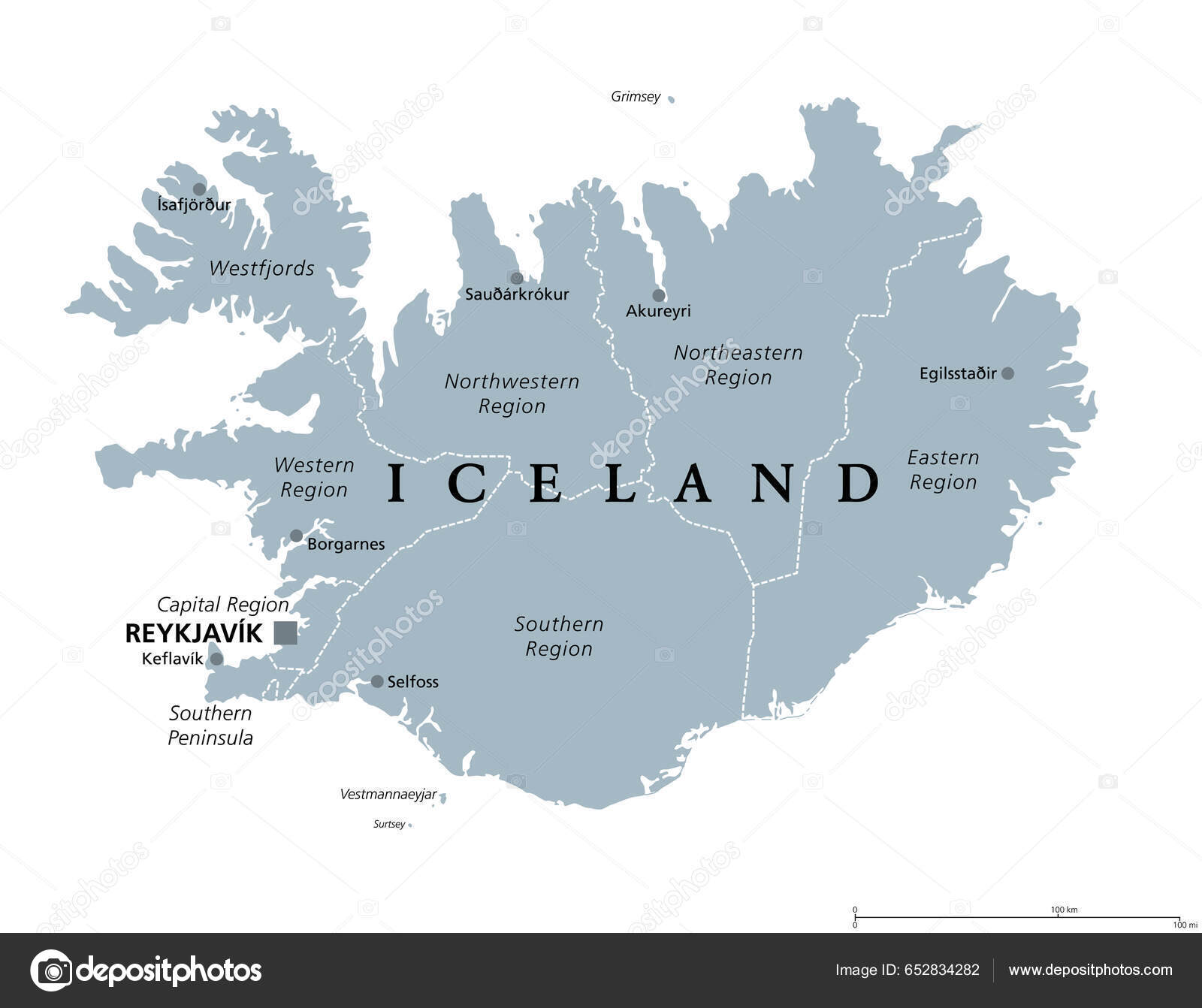 Islands Regioner Grå Politisk Karta Med Huvudstad Reykjavik Åtta ...