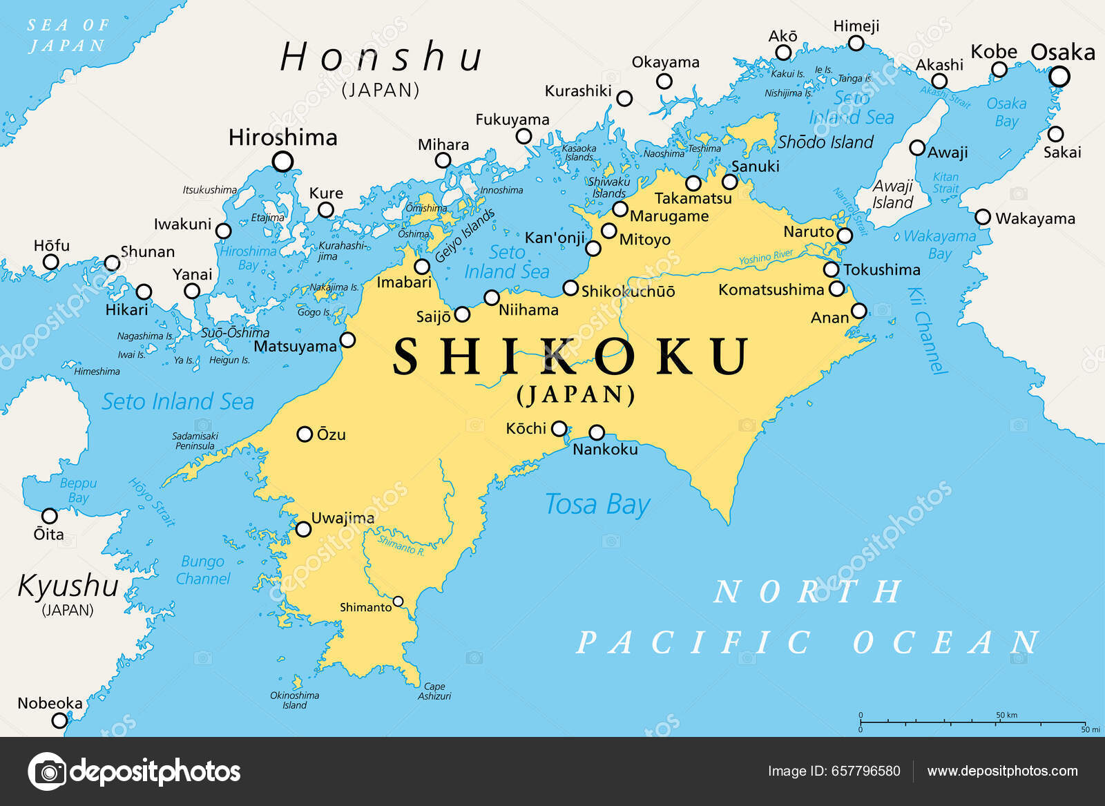 Shikoku Political Map Region Smallest Four Main Islands Japan Northeast ...