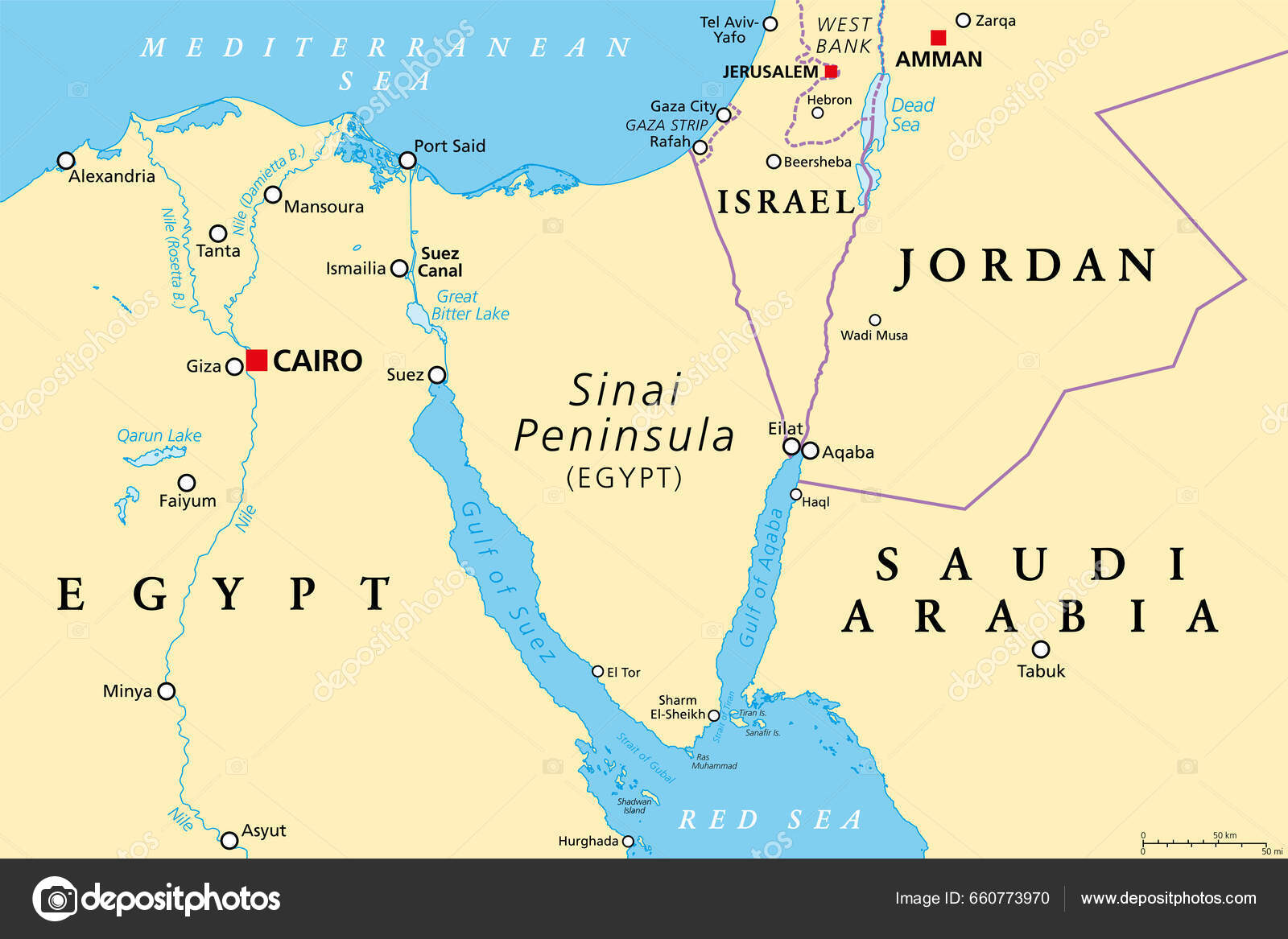 Semenanjung Sinai Wilayah Peta Politik Sebuah Semenanjung Mesir Terletak Antara Vektor Stok oleh ...