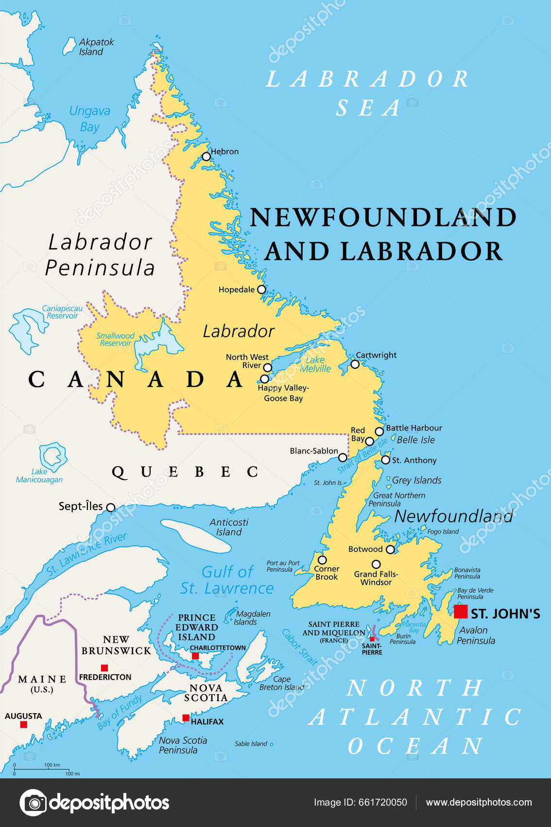 Newfoundland Labrador Political Map Province Canada Atlantic Region ...