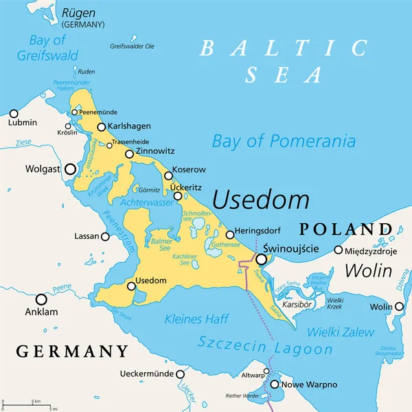Usedom, isla del Mar Báltico en Pomerania, mapa político. Apodada Isla ...