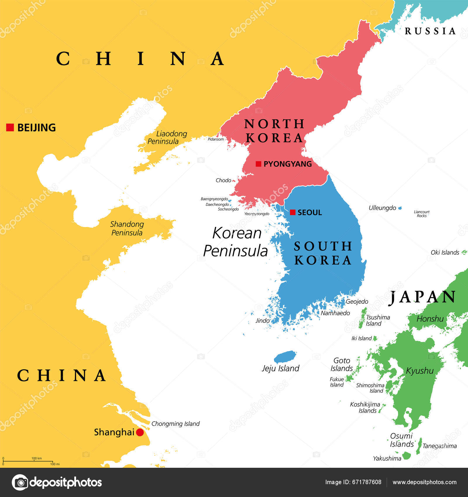 Región Peninsular Corea Mapa Político Color Región Peninsular Corea ...
