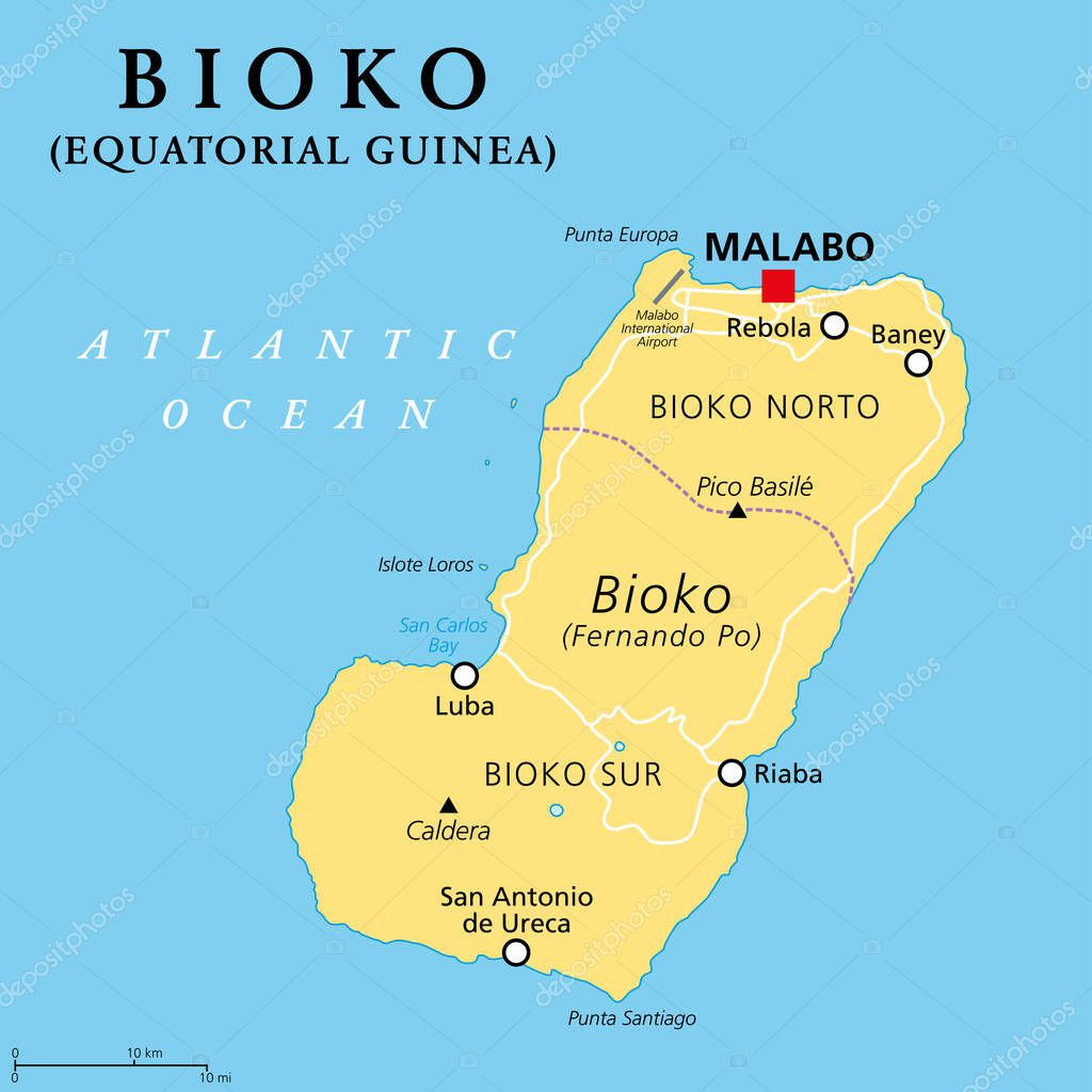 Bioko, isla frente a la costa de África, mapa político. Históricamente ...