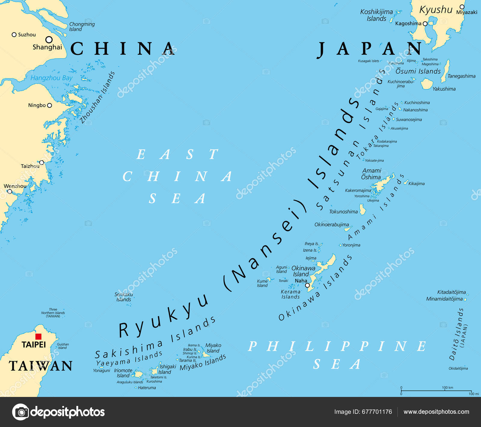 Ilhas Ryukyu Também Conhecidas Como Ilhas Nansei Mapa Político Arco ...