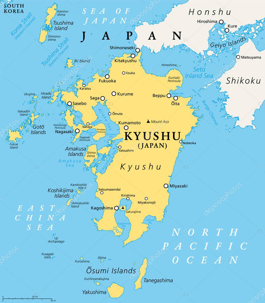 Kyushu, mapa político. Región de Japón, y una de las cinco islas ...