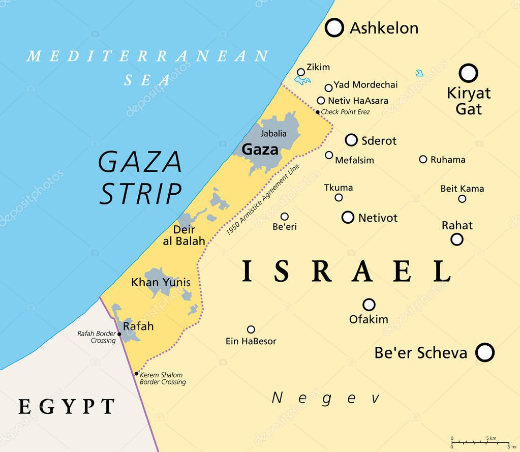 Franja de Gaza y alrededores, mapa político. Gaza es un territorio ...
