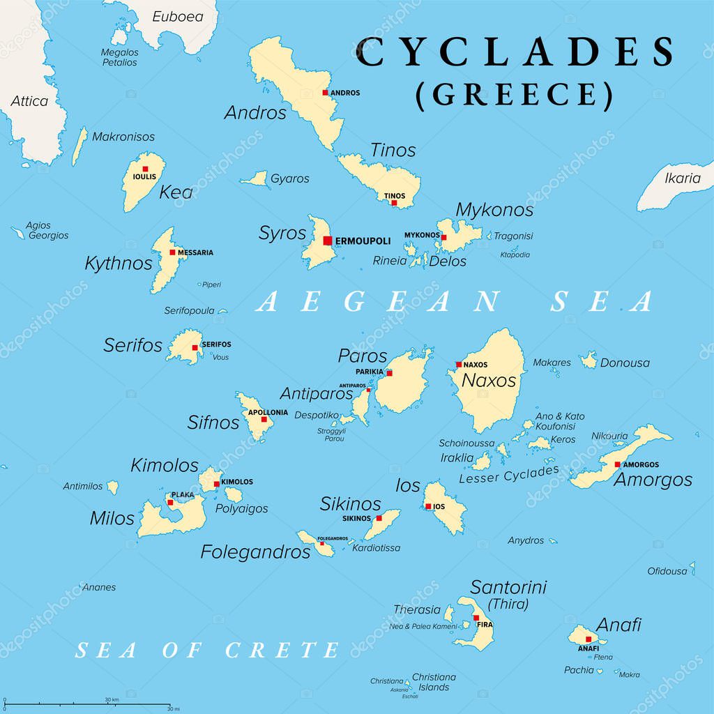 Ciclades, grupo de islas griegas en el mar Egeo, mapa político. Al ...