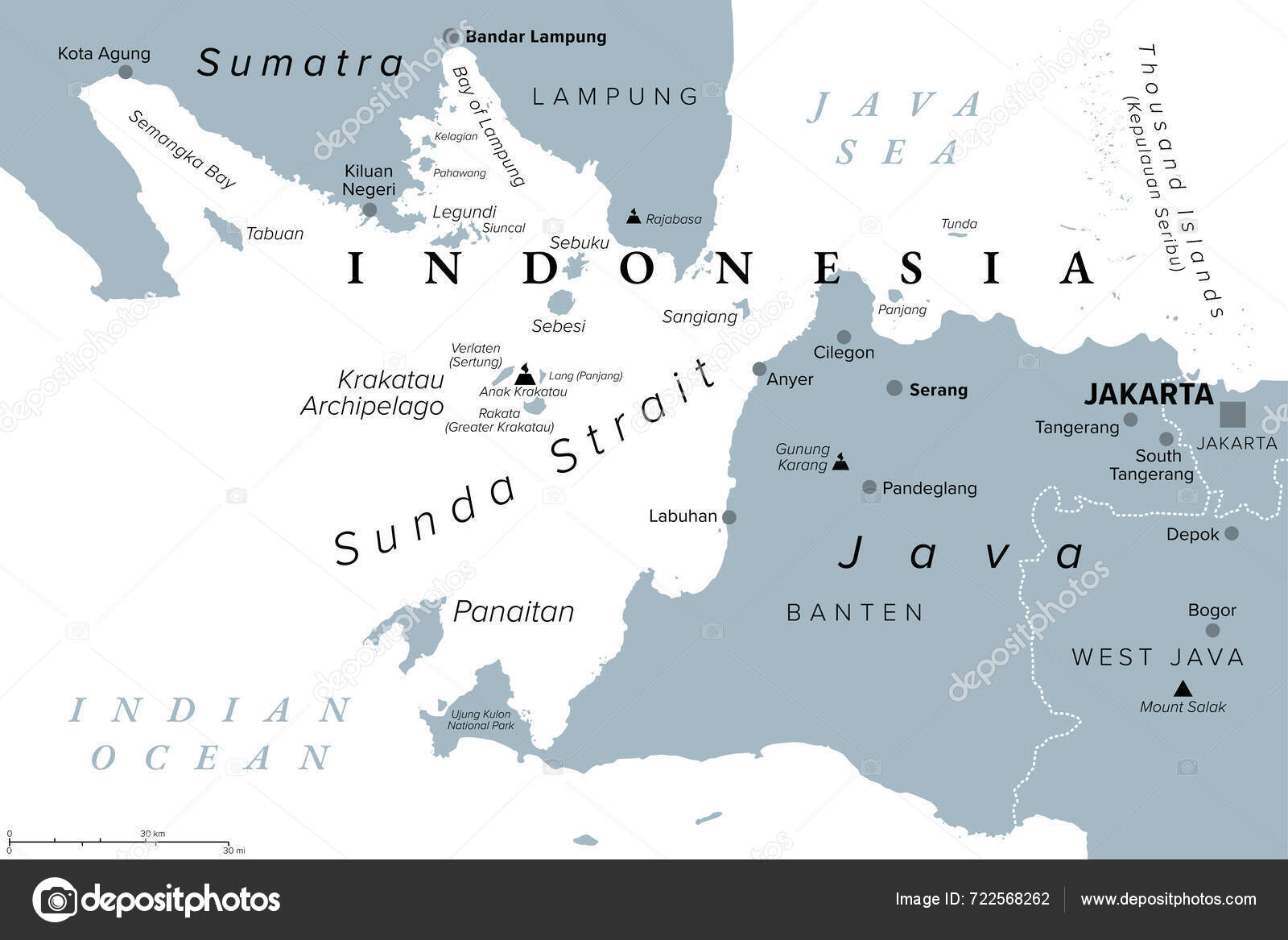 인도네시아 정치지도 인도네시아 자바와 수마트라 사이의 인도양과 바다를 연결합니다 크라카타 스톡 벡터 - ©Furian 722568262