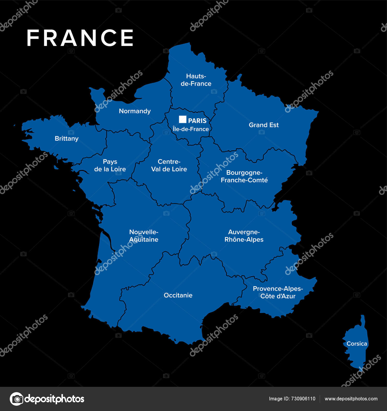 France Dark Political Map Regions Metropolitan France French Republic ...