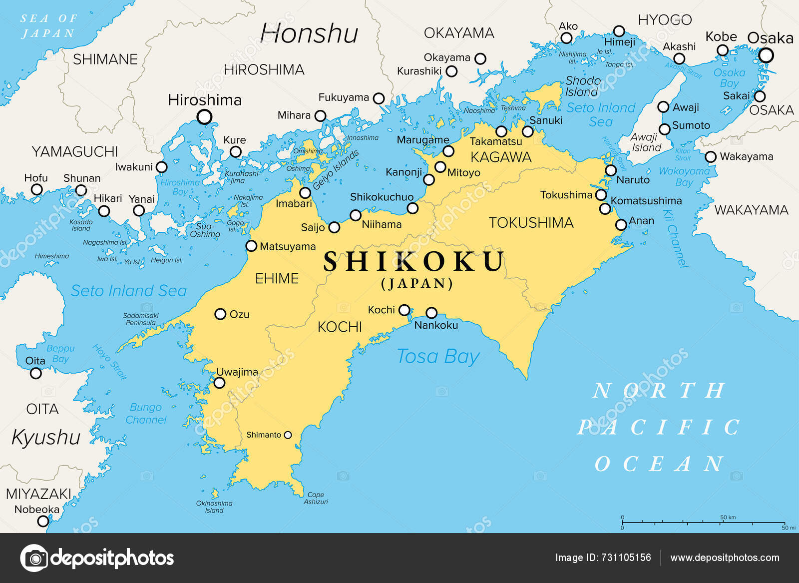 Shikoku Island Region Japan Four Prefectures Political Map Region ...