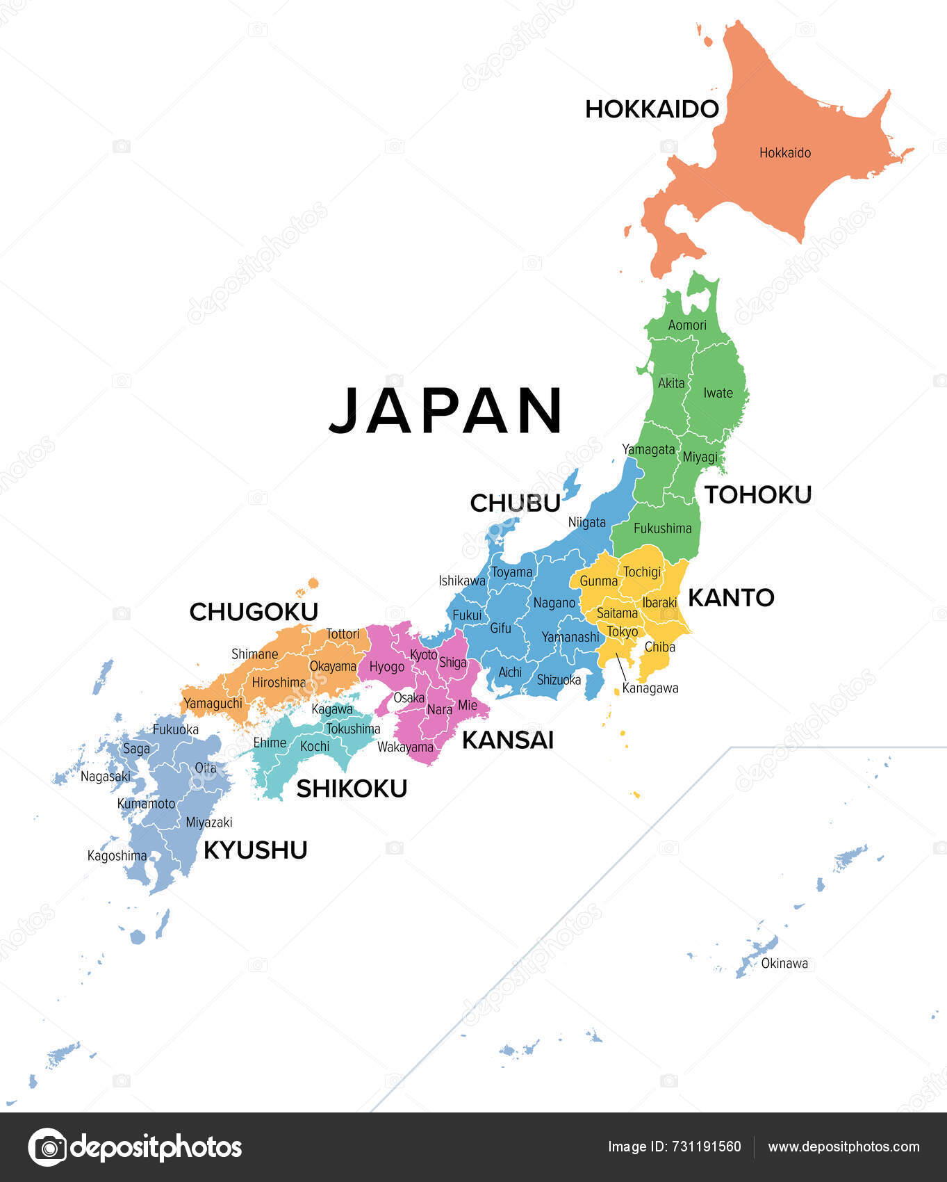 Japan Regions Prefectures Multi Colored Political Map Eight Regions ...