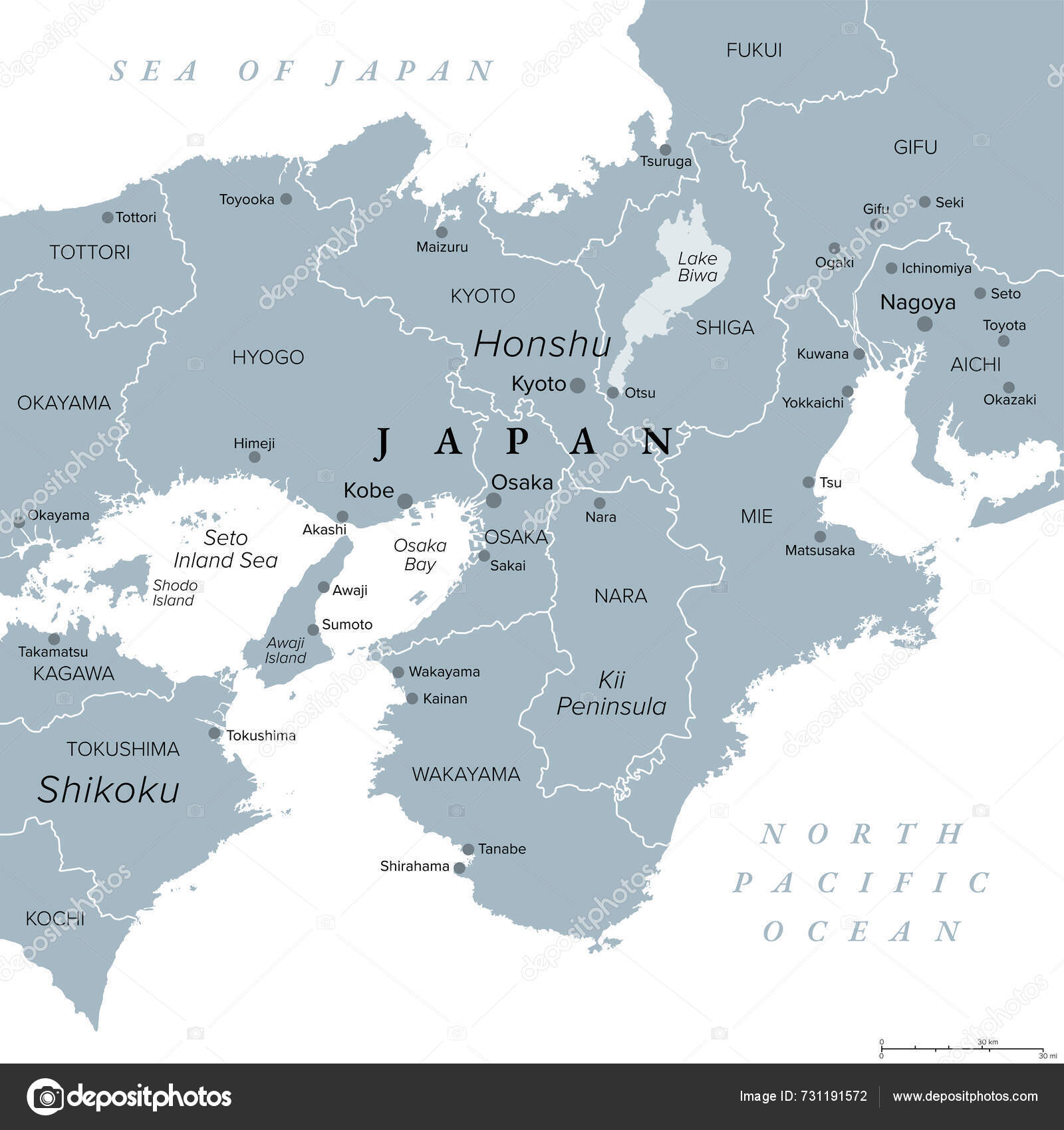 Kansai Region Kinki Region Japan Gray Political Map Southern Central ...