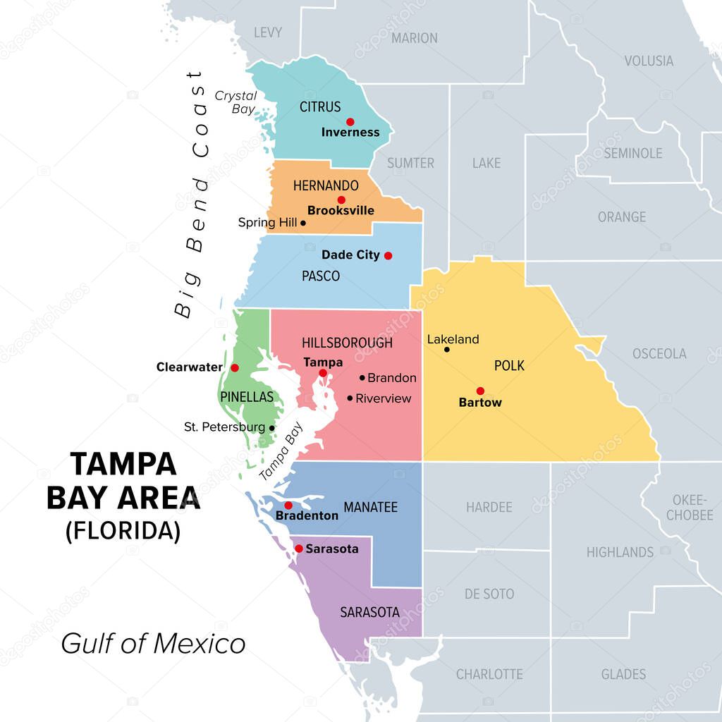 Área de Tampa Bay, Florida, Estados Unidos, mapa político multicolor ...