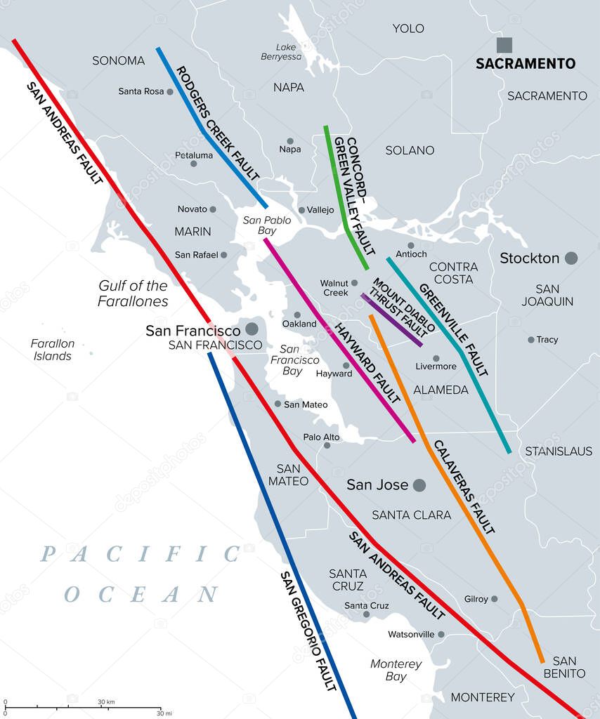 San Francisco Bay Area, major fault lines, gray political map. Bay Area ...