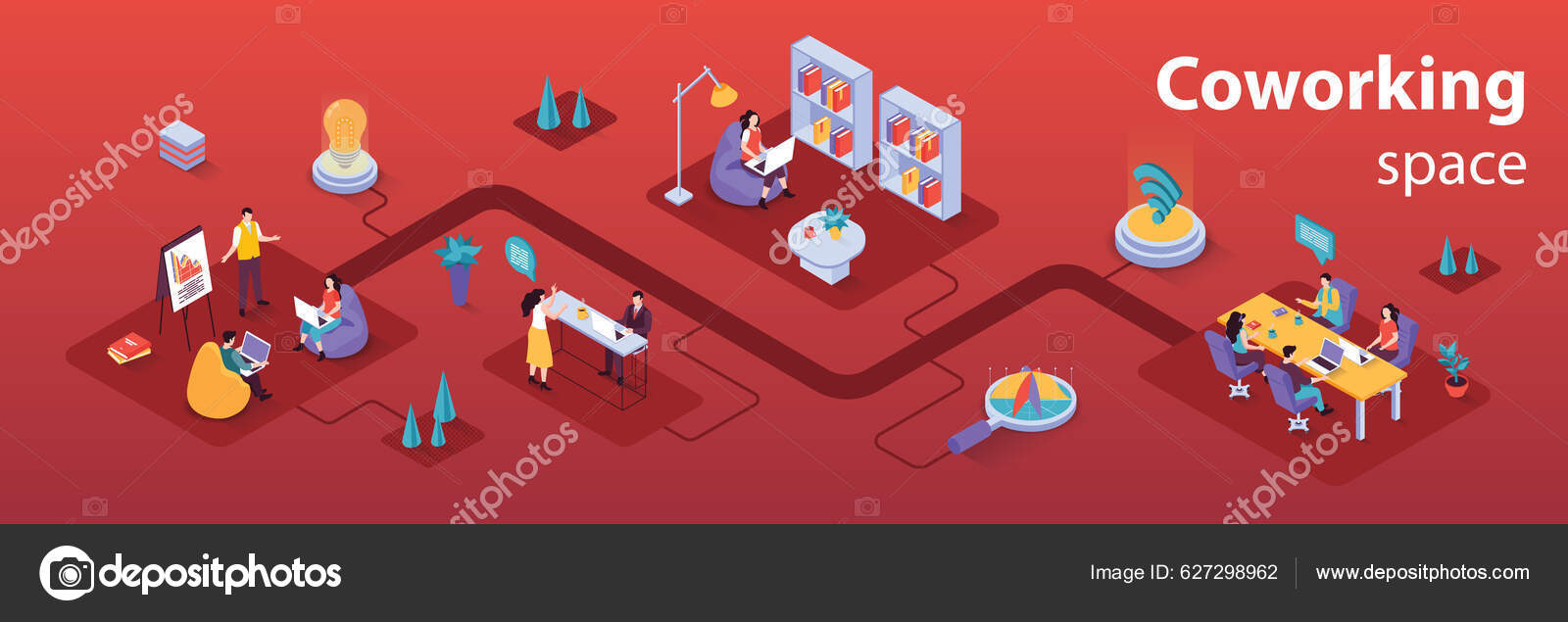 Coworking Space Concept Isometric Infographics Web Banner People Work ...