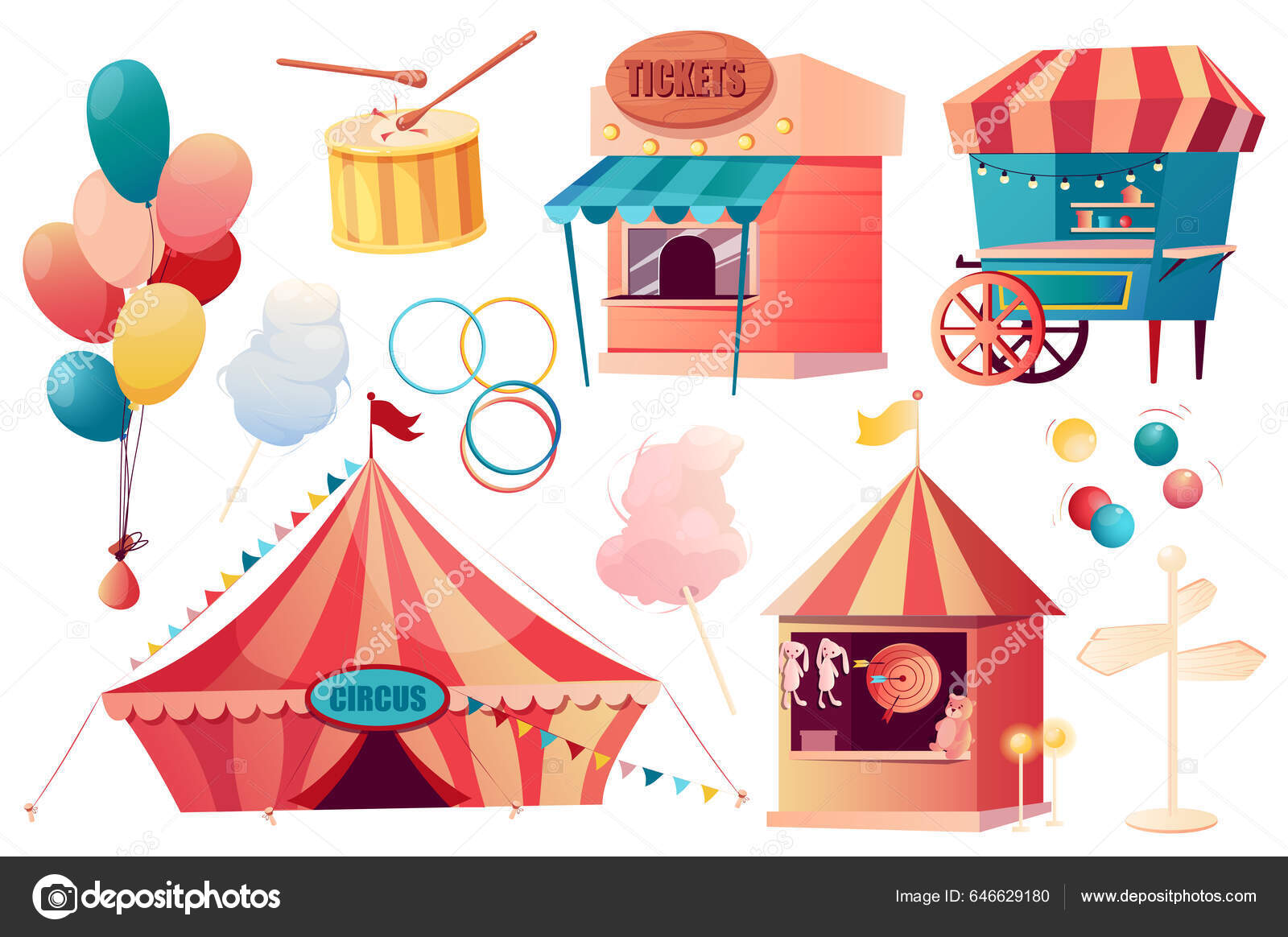 Circus Set Graphic Elements Flat Design Bundle Stalls Tickets Food ...