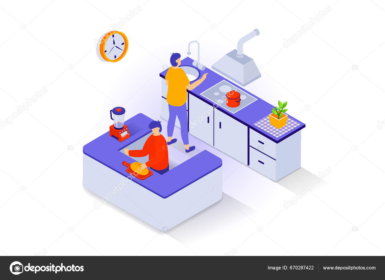 Home Interior Concept Isometric Design People Cook Kitchen Room Tables ...