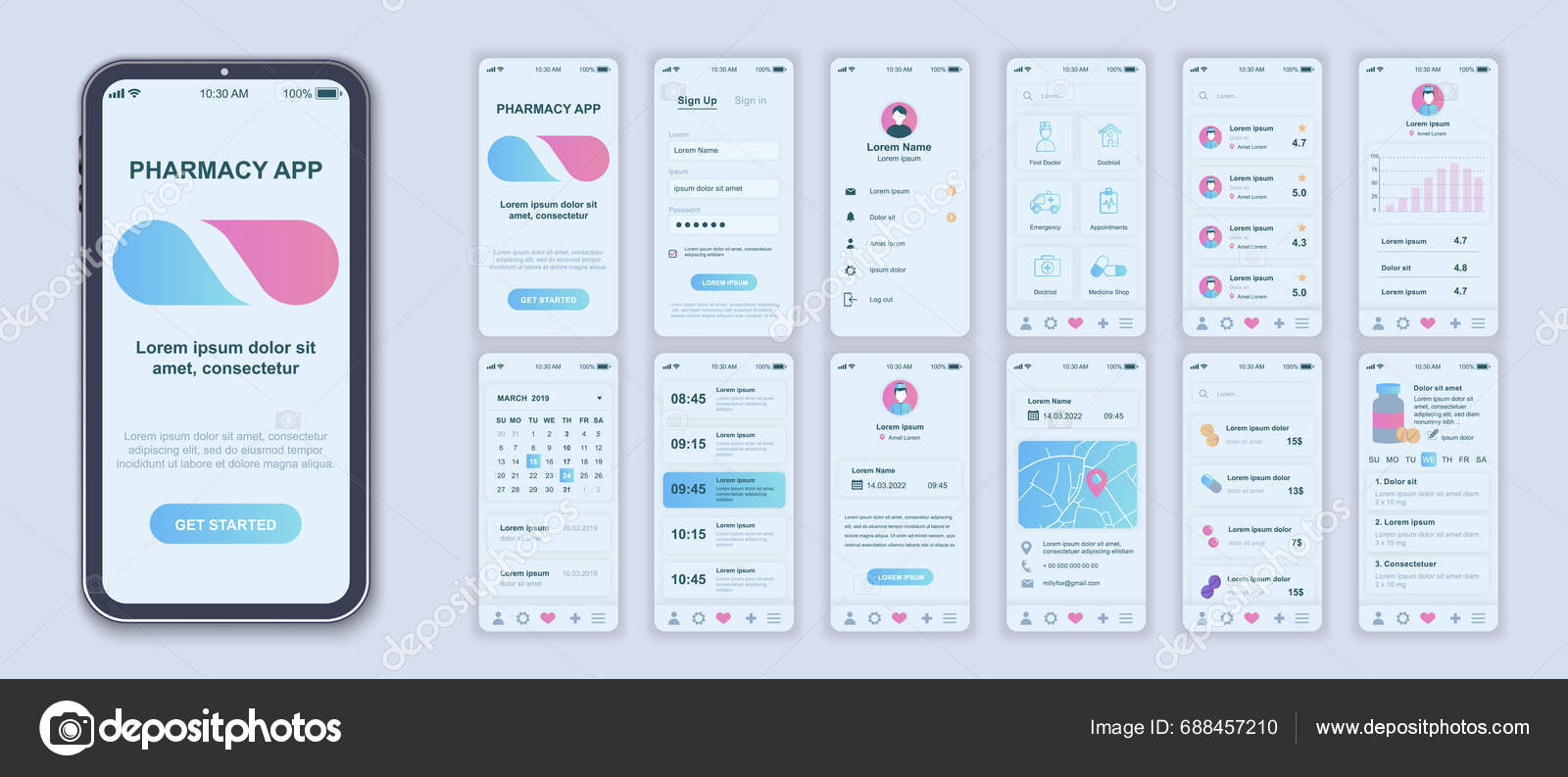 Pharmacy Mobile App Interface Screens Template Set Account Login Find ...