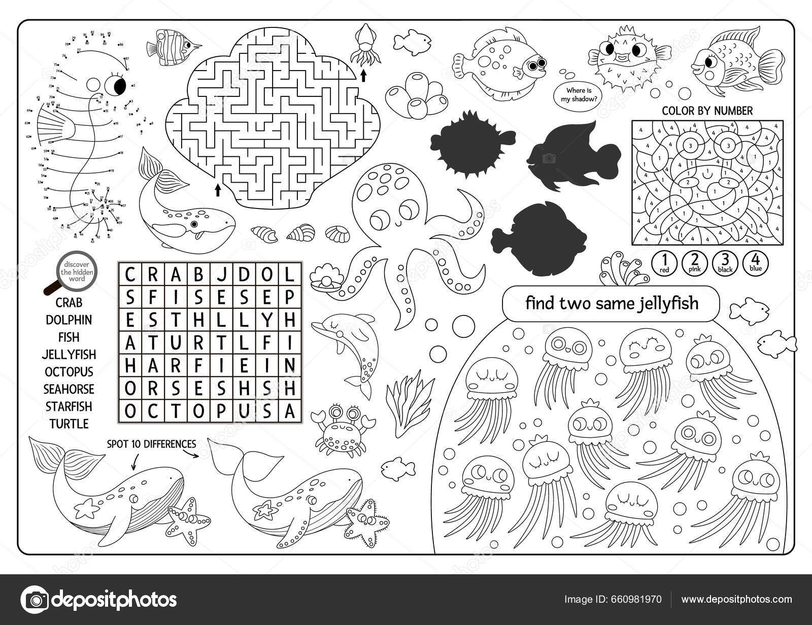 Vector Sea Placemat Ocean Life Line Printable Activity Mat Maze Stock ...