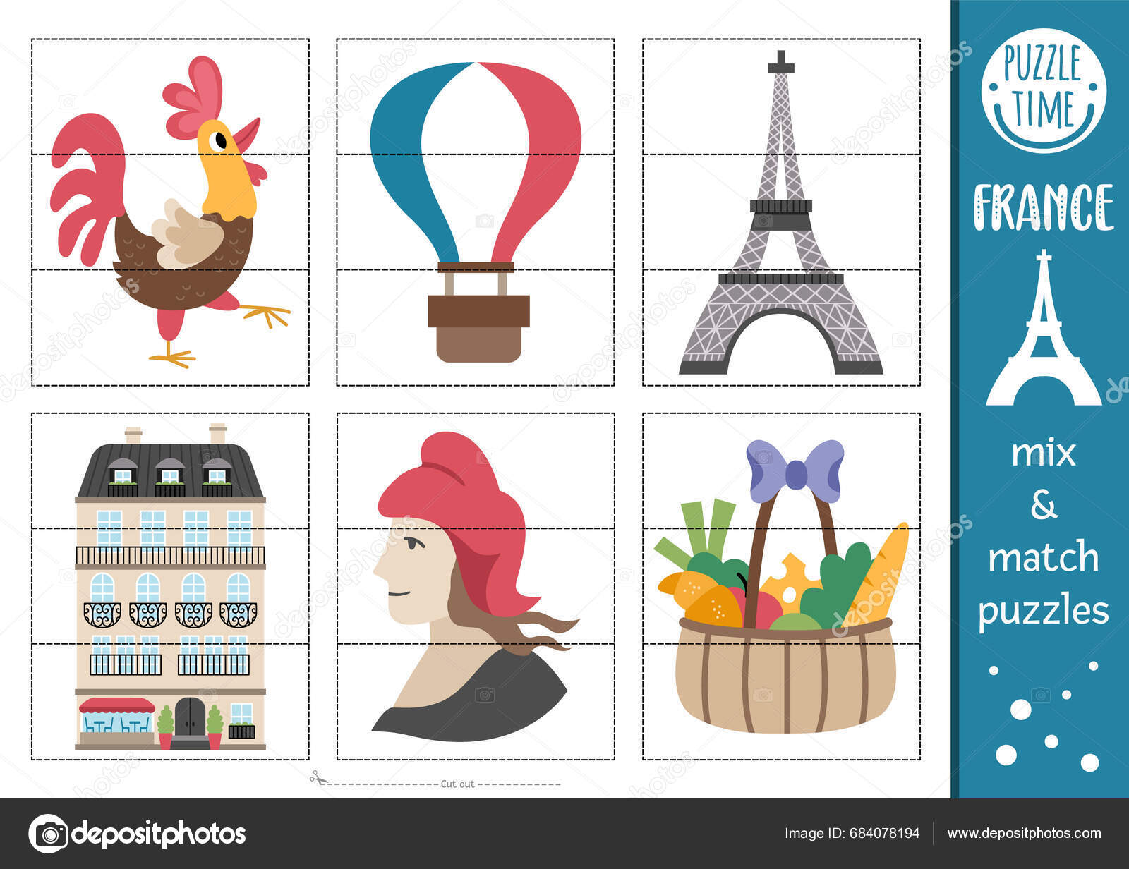 Vector France Mix Match Puzzle Cute Traditional Symbols Matching ...
