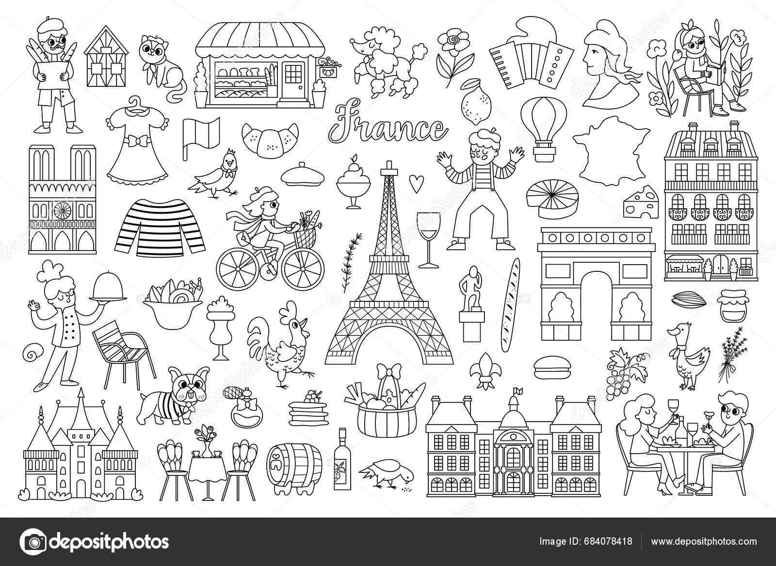 France Symbols Vector Set Big Black White Collection French Sights ...