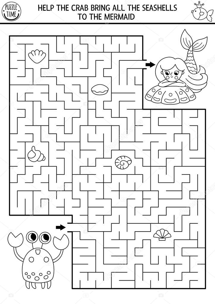 Sirena laberinto blanco y negro para niños con cangrejo con conchas marinas. Actividad ...
